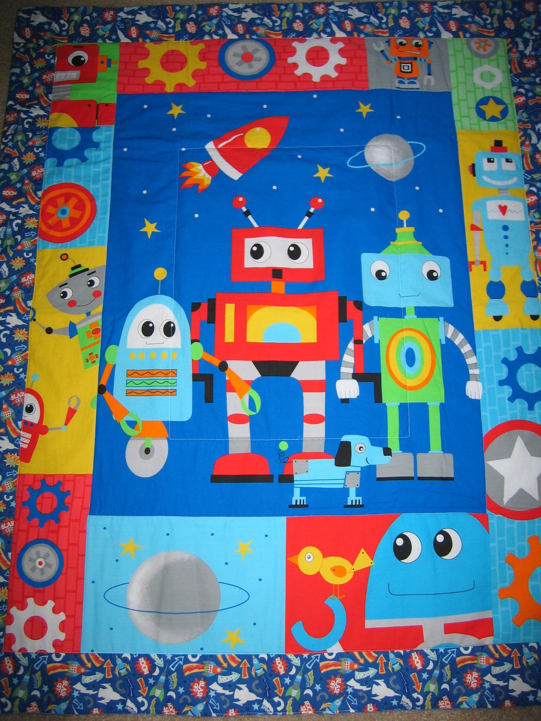 Blue Robot Space Rocket Quilted Comforter Blanket With Matching Pillow ...