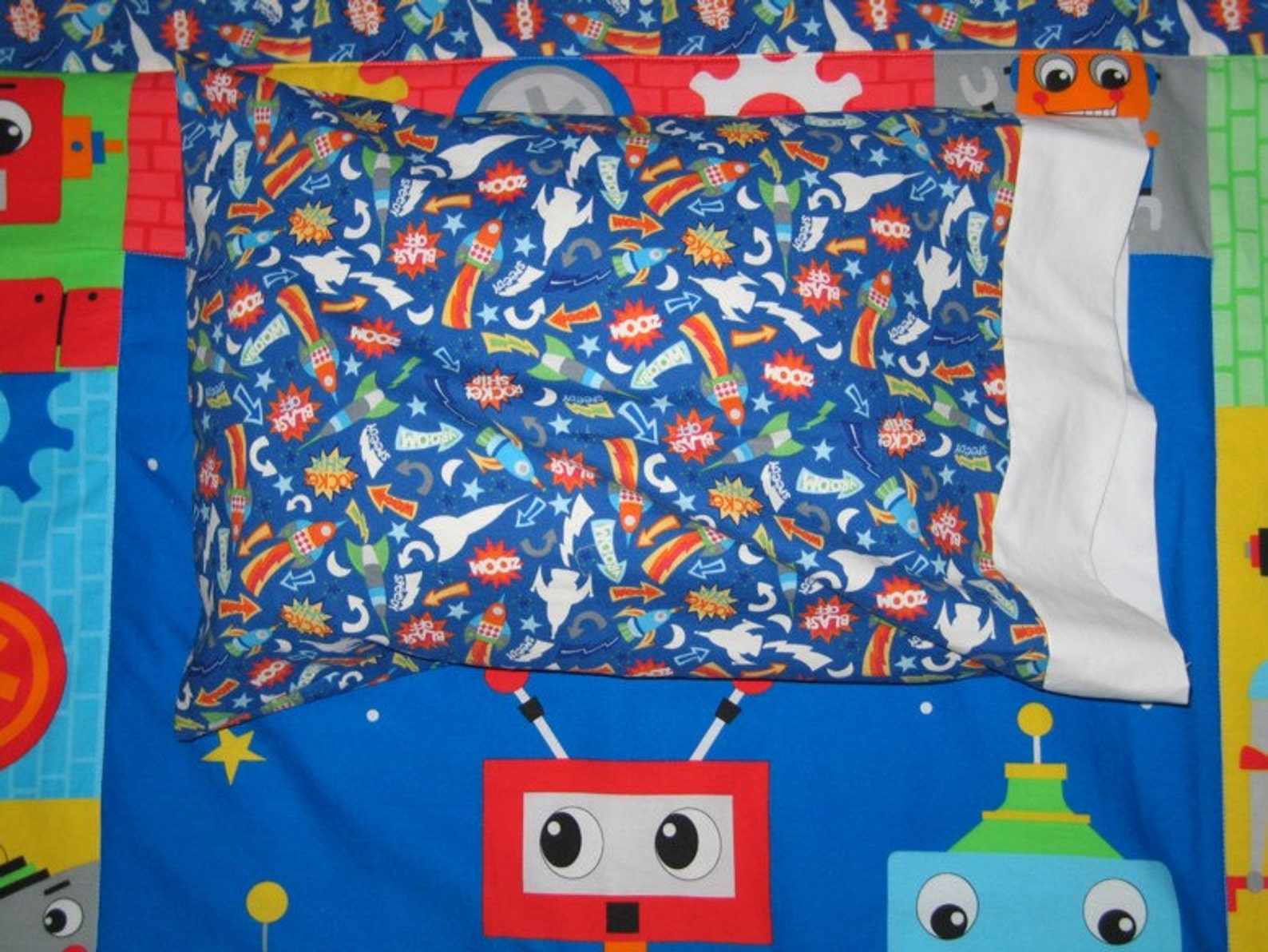 Blue Robot Space Rocket Quilted Comforter Blanket With Matching Pillow ...