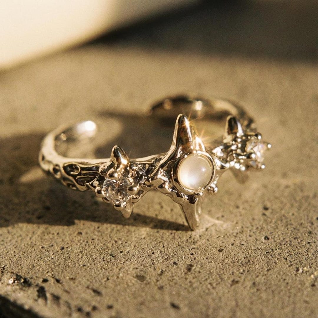 Celestial Starburst Ring Silver, Open Adjustable Ring, Whimsigoth Ring ...