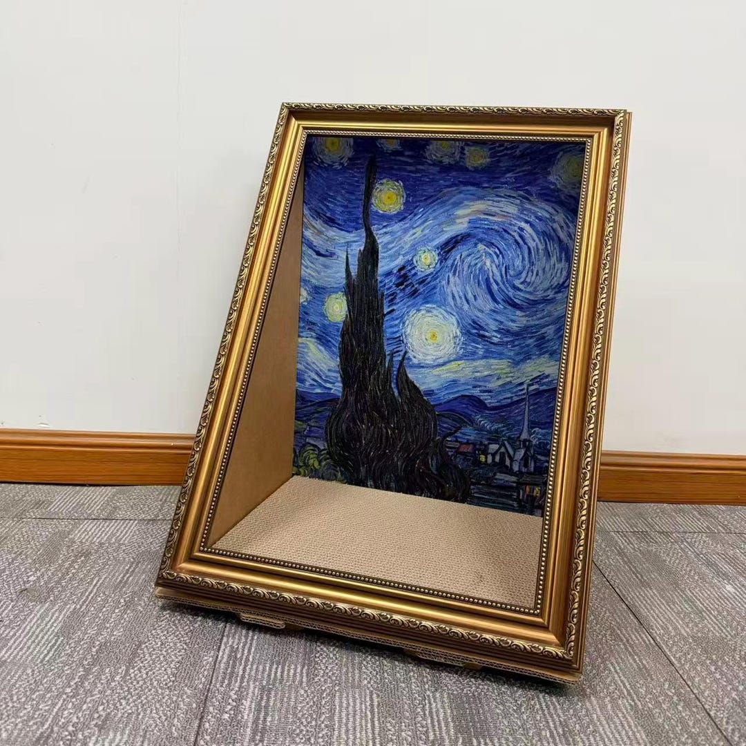 Starry Night Cat Scratcher Box, Van Gogh Cat Art Furniture, Purr Under ...