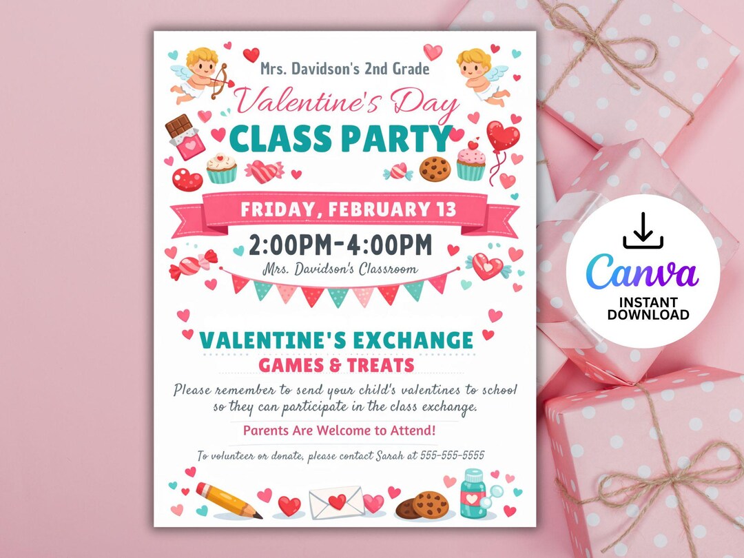Editable Valentine's Day Class Party Invite, Canva Template (digital ...