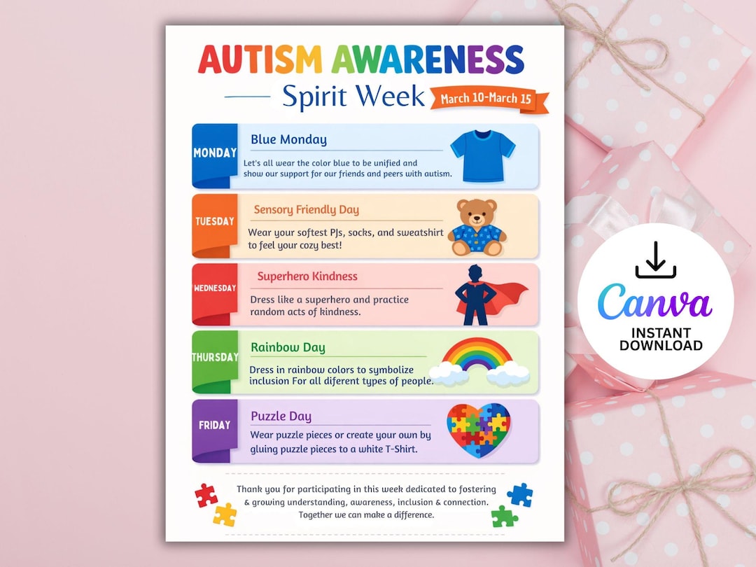Autism Awareness Spirit Week Itinerary: Editable CANVA Template, Kids ...
