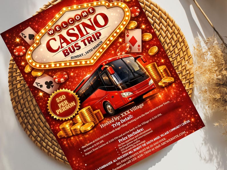 Editable Casino Bus Trip Flyer, Fundraiser Event CANVA Template (8.5x11 ...