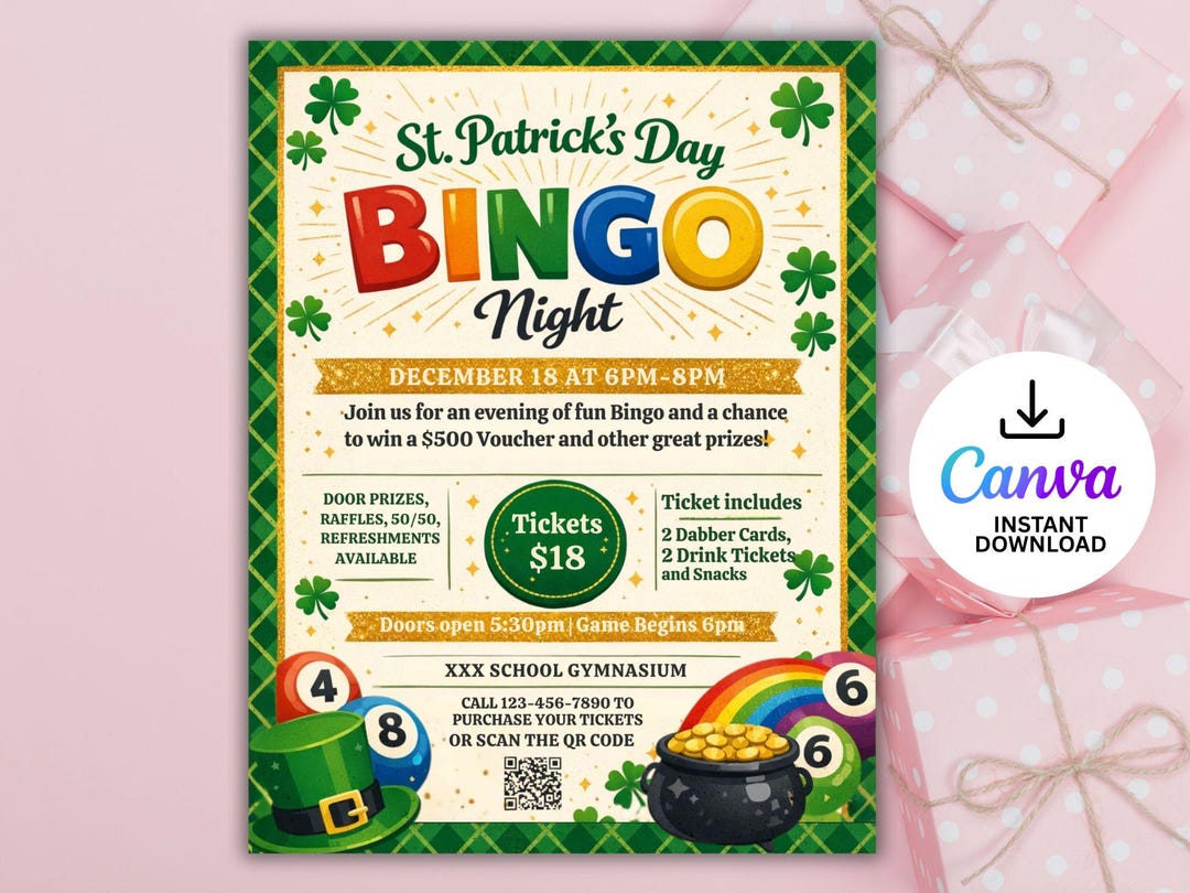 St. Patrick's Day Bingo Night Flyer: Editable CANVA Template (digital ...