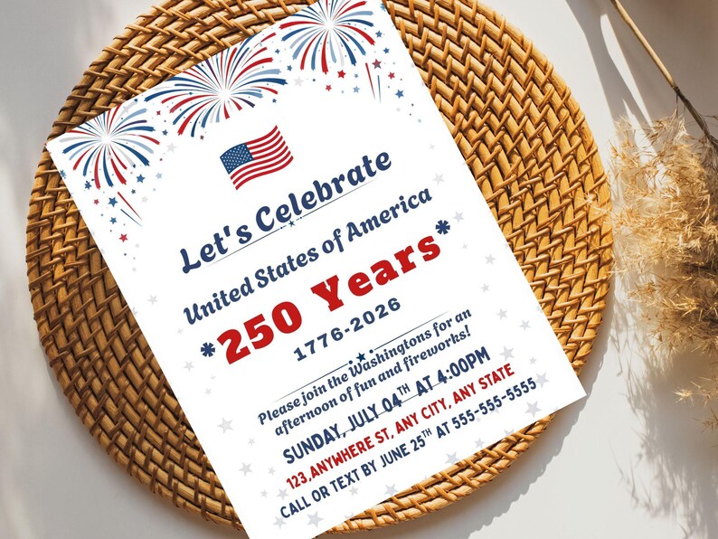America 250th Anniversary Patriotic Celebration Printable Invitation ...