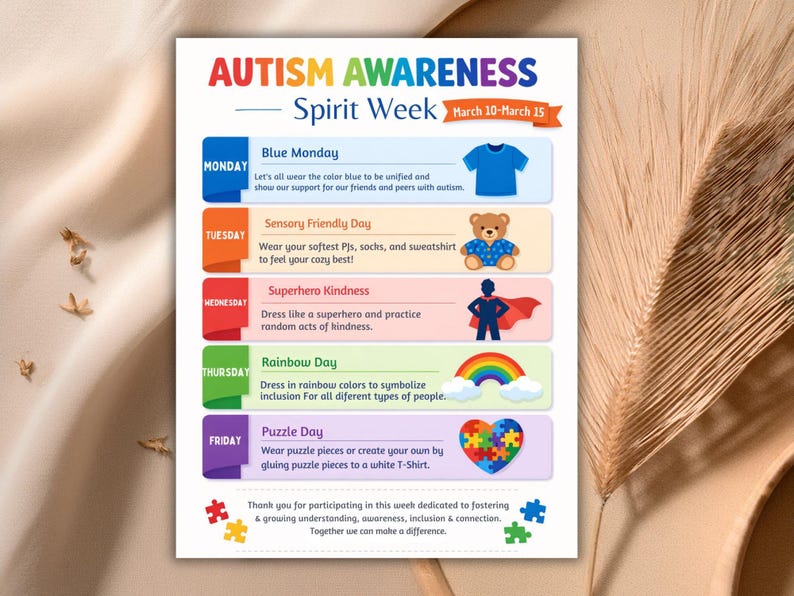 Autism Awareness Spirit Week Itinerary: Editable CANVA Template, Kids ...