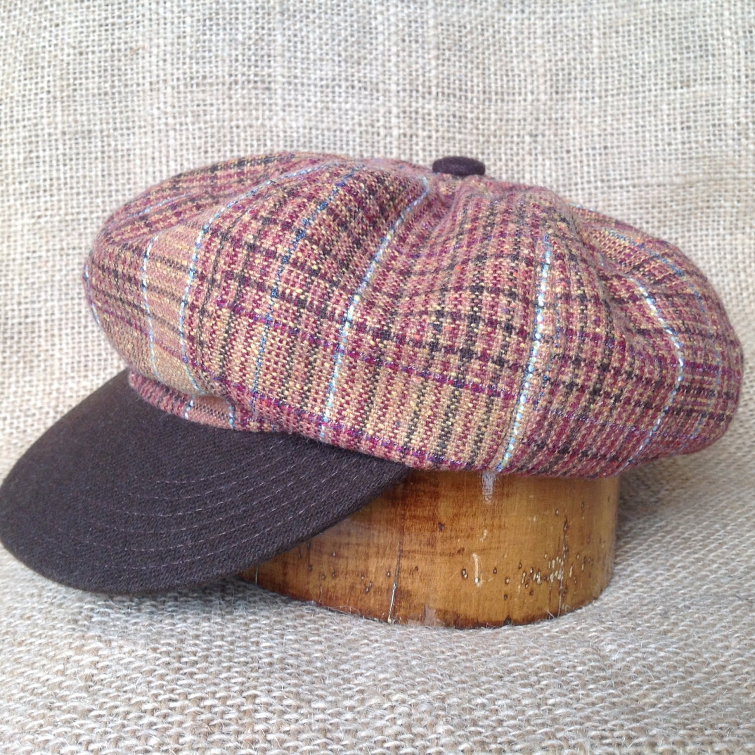Hand crafted, plaid wool blend 8 panel baggy cap, long or short visor ...