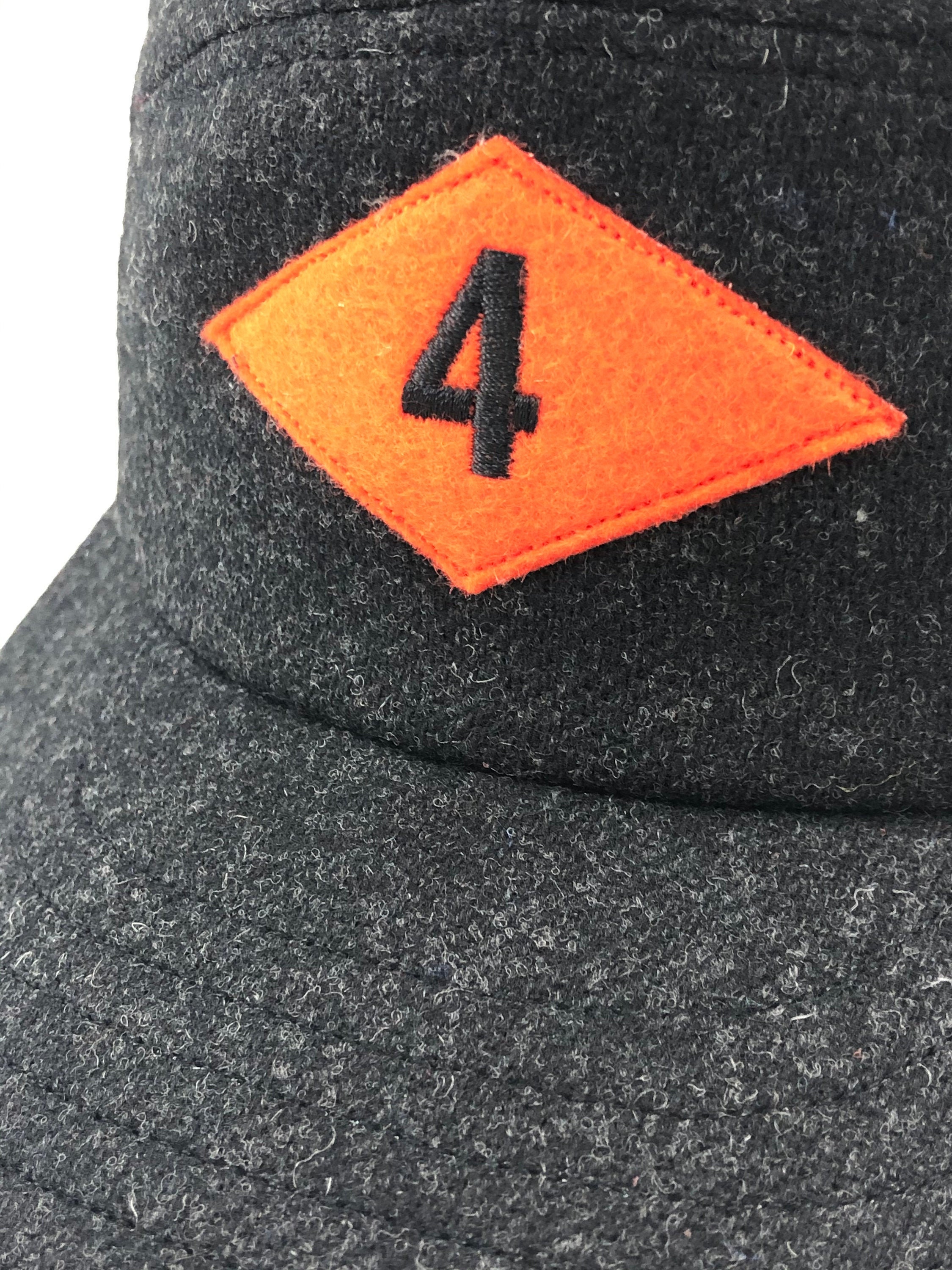 Charcoal melton wool 5 panel cap with embroidery on wool Charcoal melton wool 5 panel cap with embroidery on wool