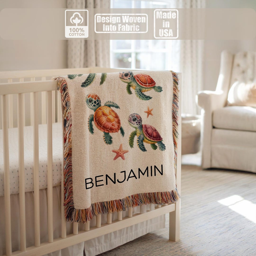 Personalized Sea Turtles Blanket, Ocean Animals Illustration, Cozy Kids ...
