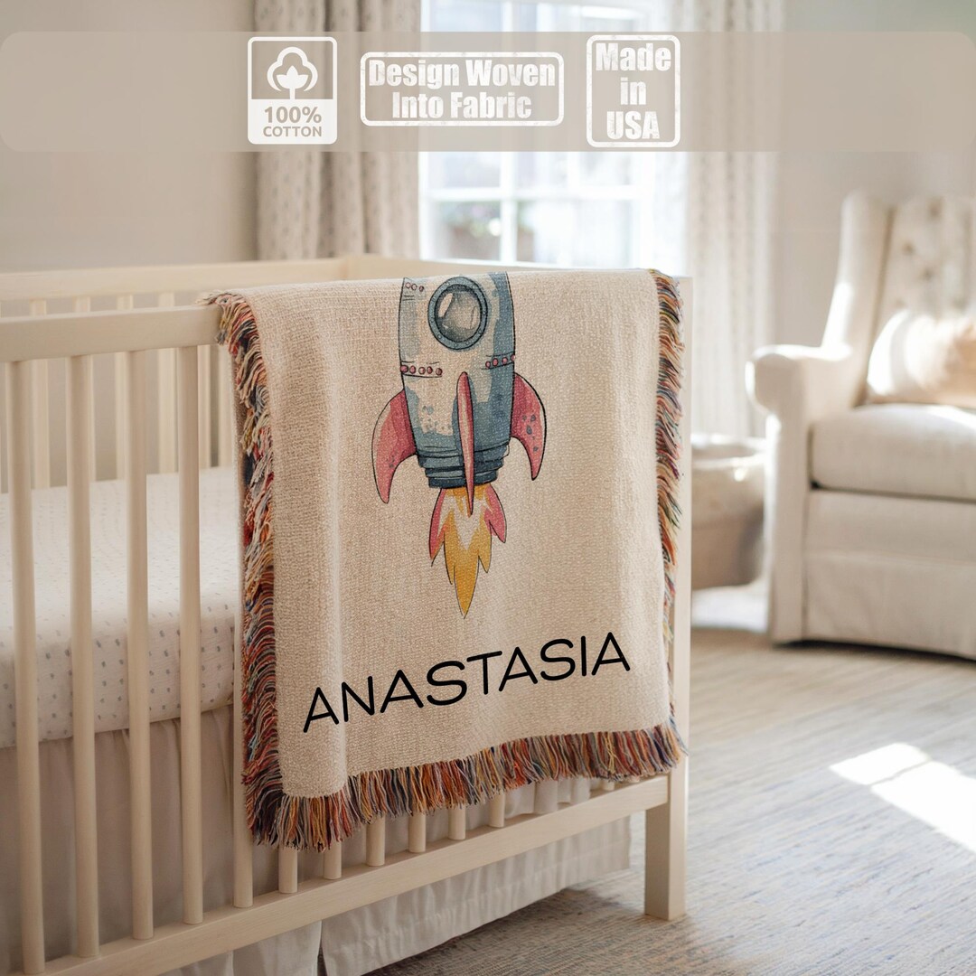 Personalized Rocket Baby Blanket, Custom Name Woven Blanket, Space ...