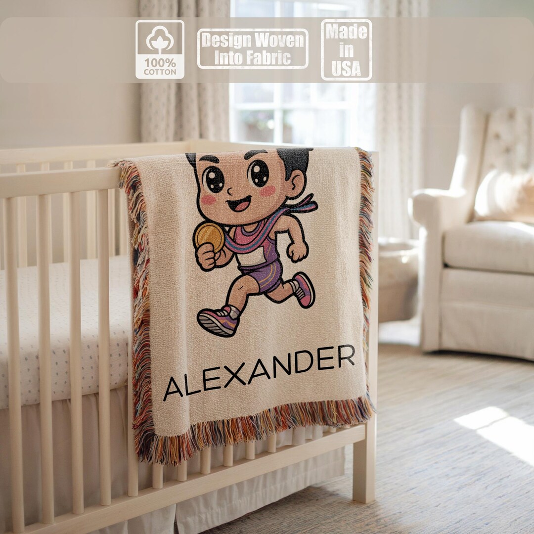 Personalized Running Boy Baby Blanket, Athlete Nursery Woven Blanket ...