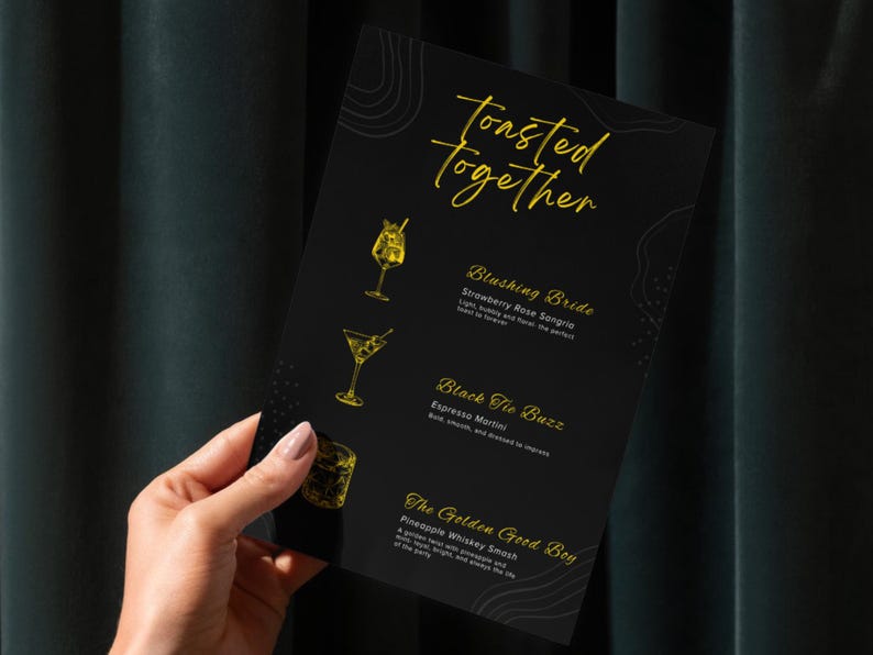 Black & Gold Cocktail Menu Template | Editable Wedding Bar Sign (canva ...