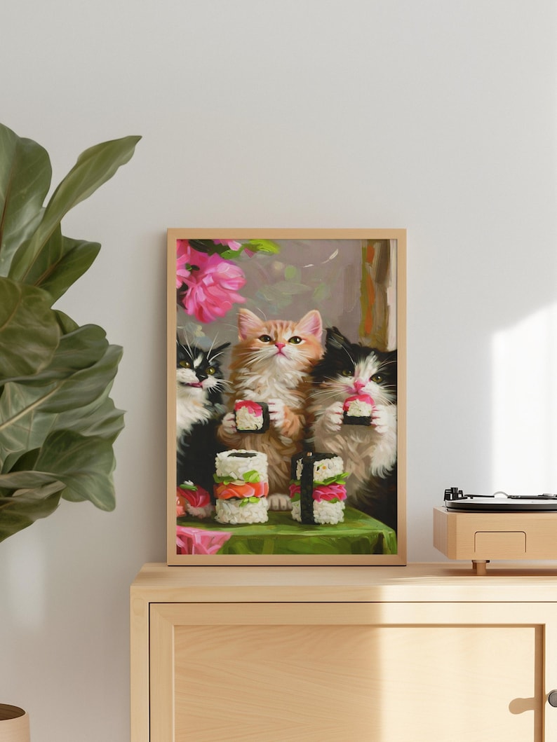 Sushi Cat Print, Whimsical Kittens, Japanese Food Art, Painterly ...
