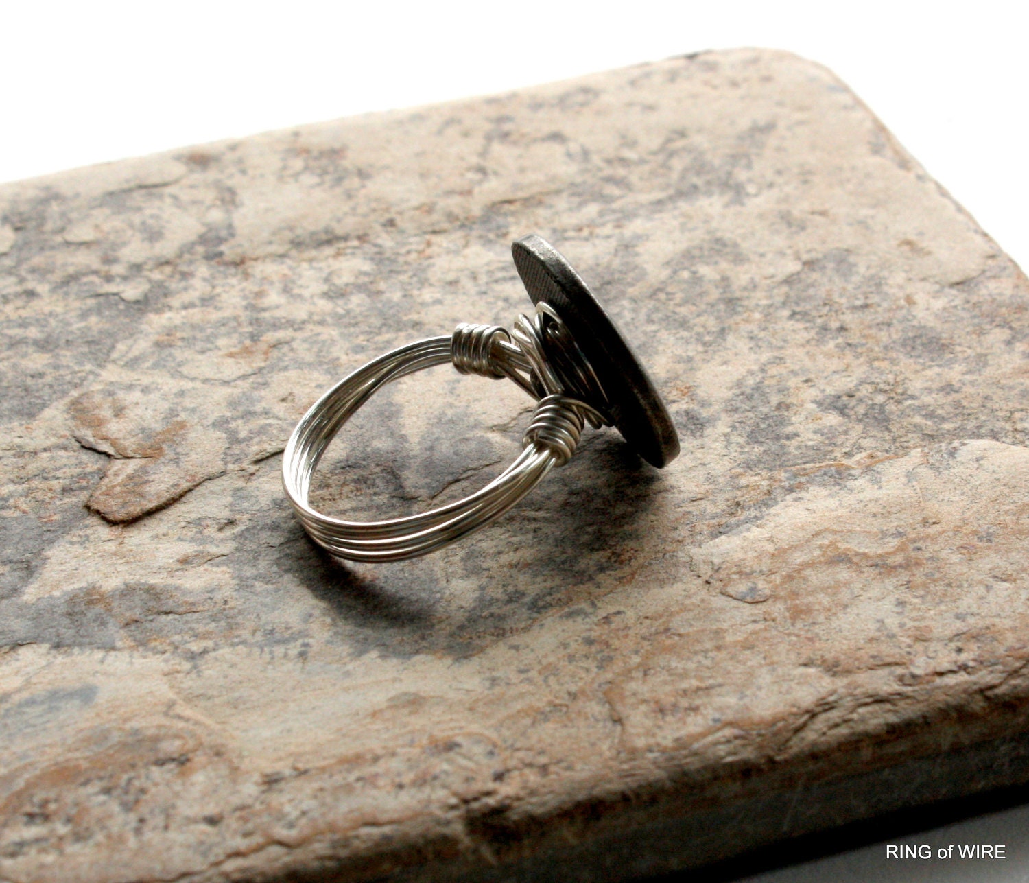 Silver Button Ring, Art Deco Button Ring, Wire Wrapped Ring, Silver ...