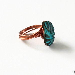 Shell Button Ring, Blue Patina Ring, Button Jewelry, Wire Wrapped Ring ...