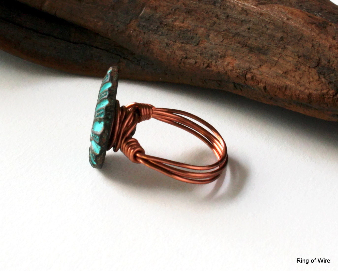 Shell Button Ring, Blue Patina Ring, Button Jewelry, Wire Wrapped Ring ...
