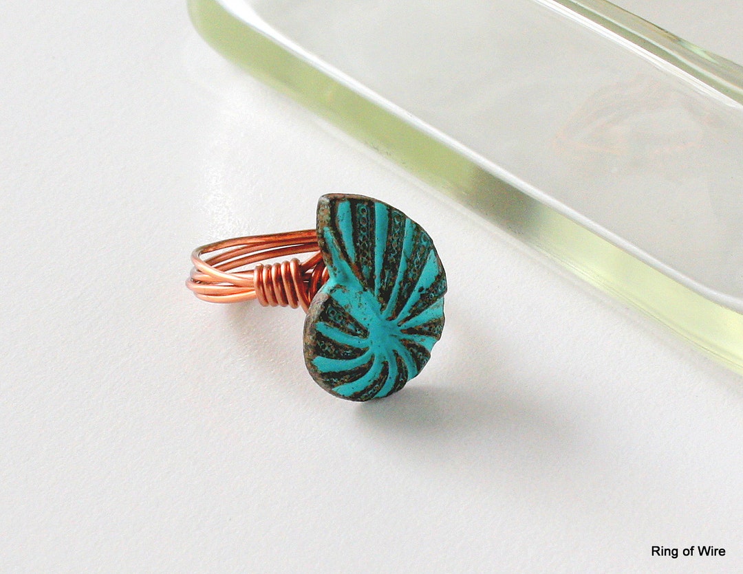 Shell Button Ring, Blue Patina Ring, Button Jewelry, Wire Wrapped Ring ...