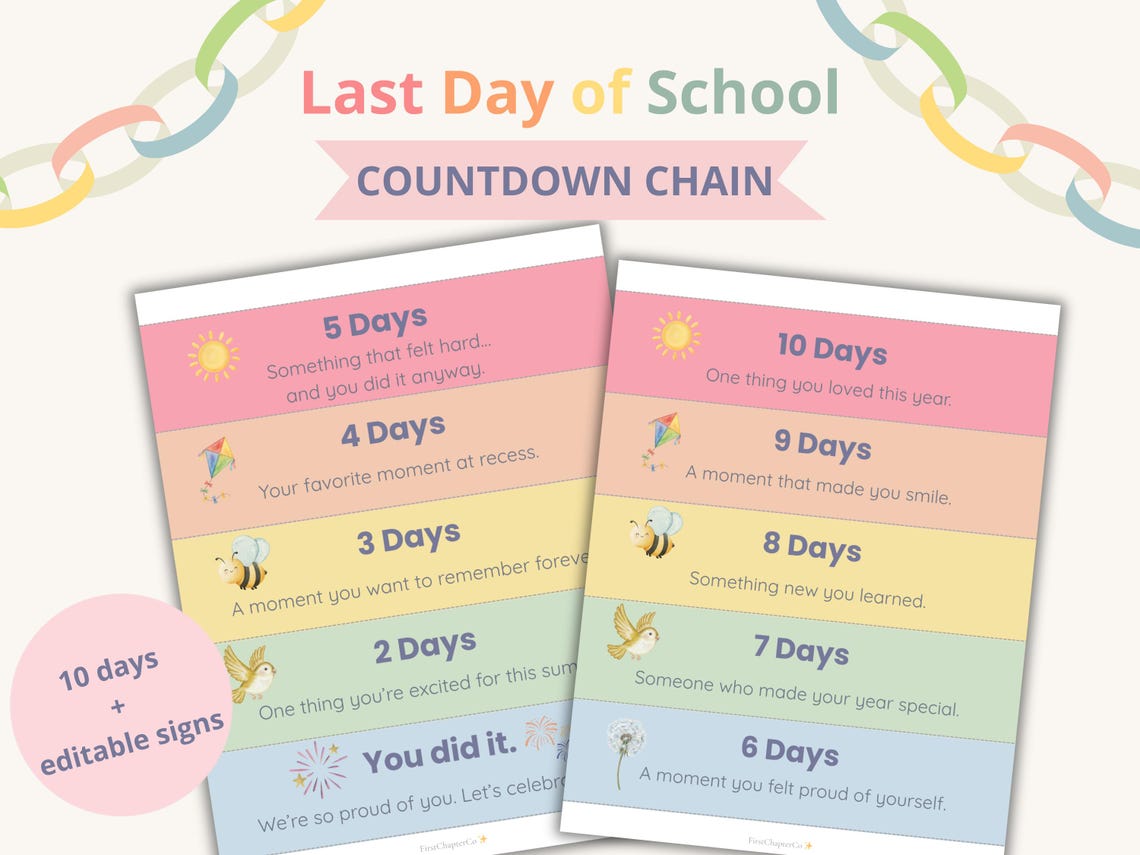 Last Day of School Countdown Printable for Kids | End of School Paper ...