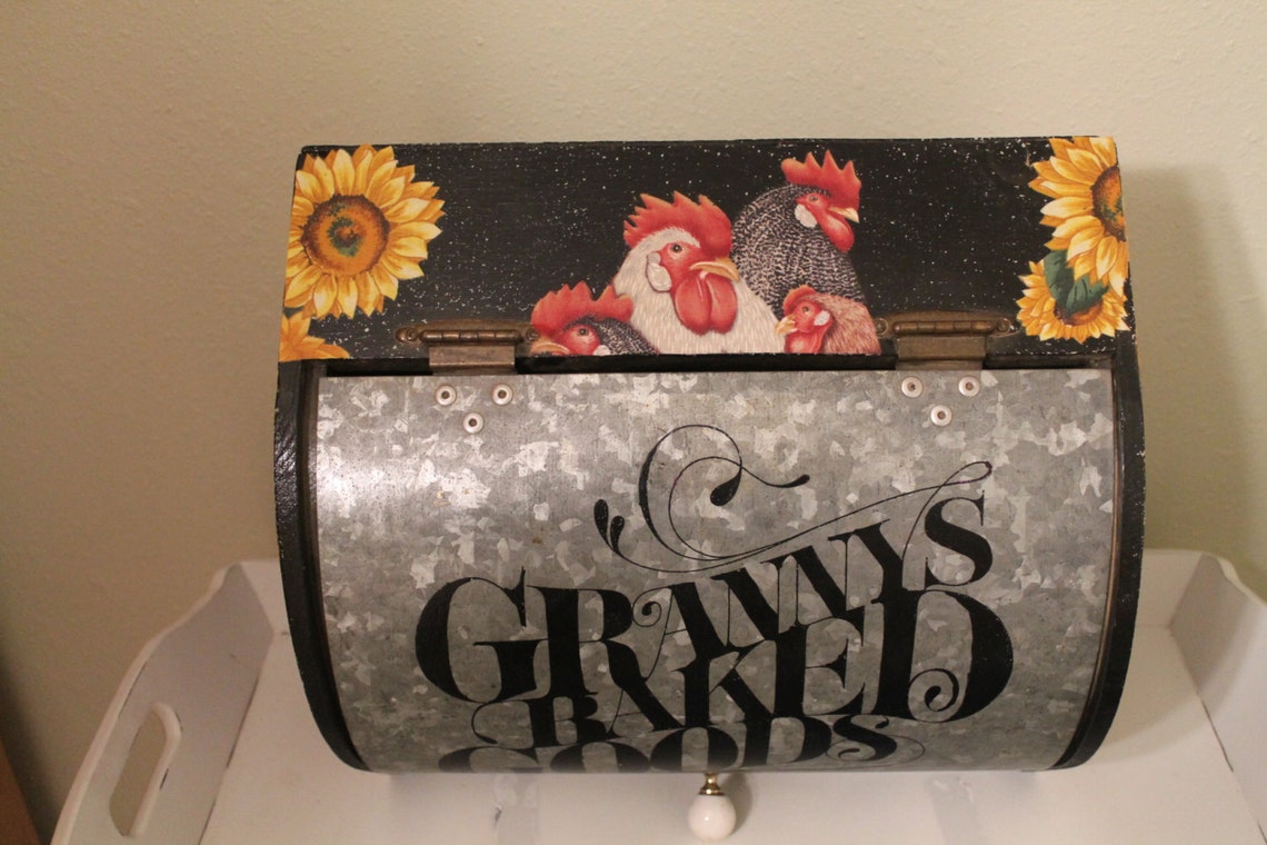 Rooster up Cycled Bread Box. Metal Flip Door..stamped - Etsy