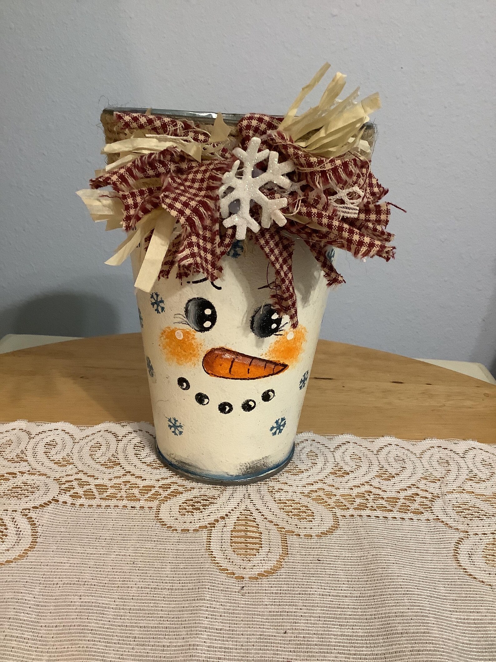 Snowman Handpainted, on Tin Vase Upcycled Housewarming Holiday Snowman ...
