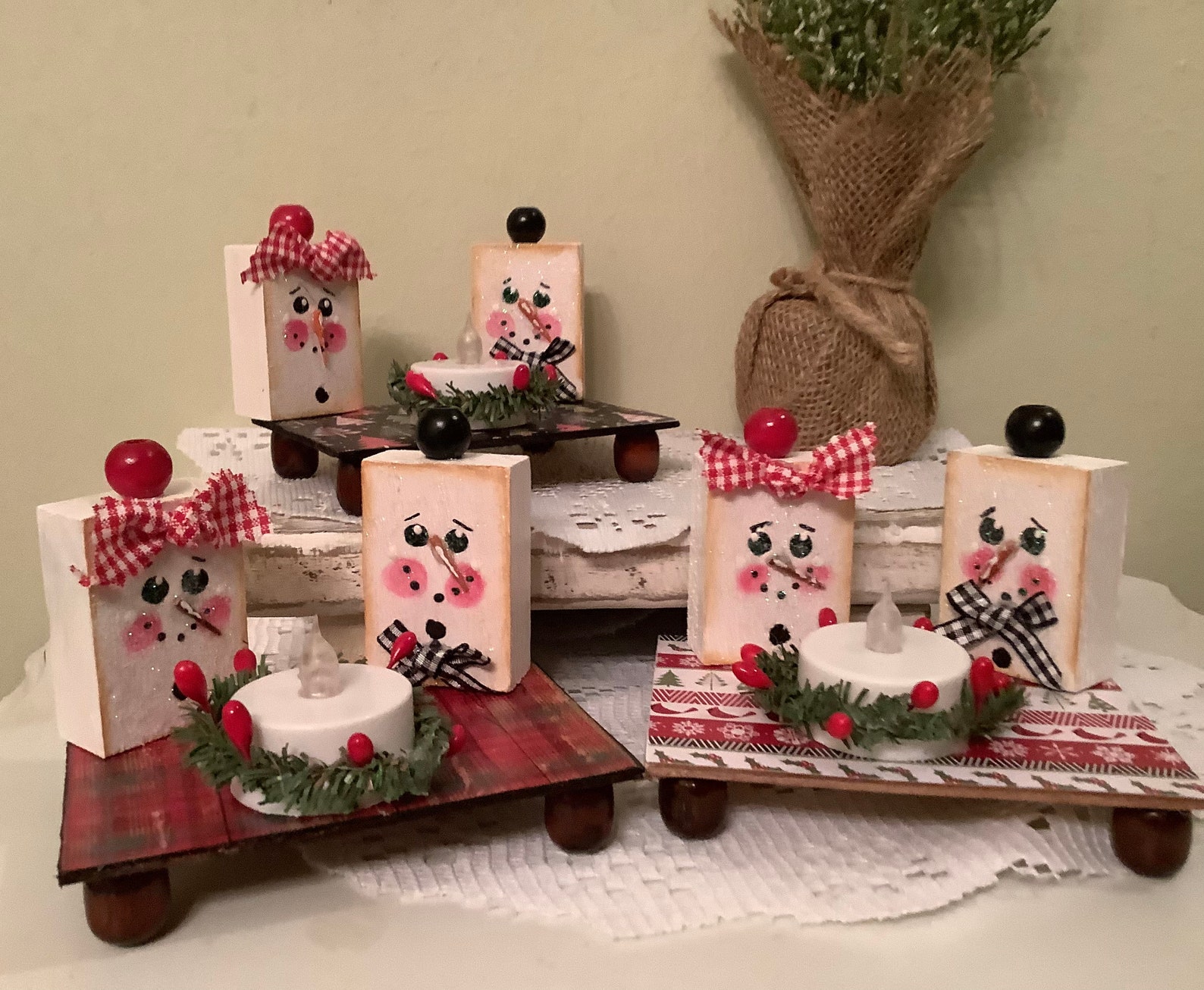 Snowmen Mini Blocks With Battery Tea Light on Riser Holiday Tier Tray ...