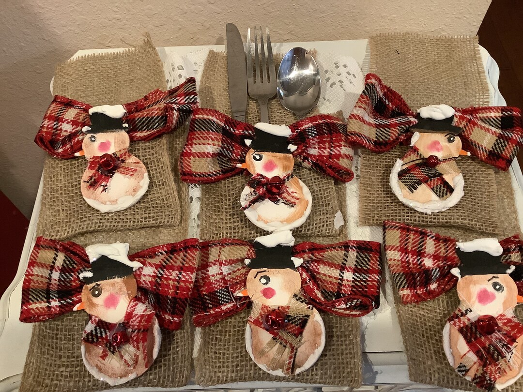Winter Snow Burlap Silverware Holder. Snowmen.country Decor.burlap ...