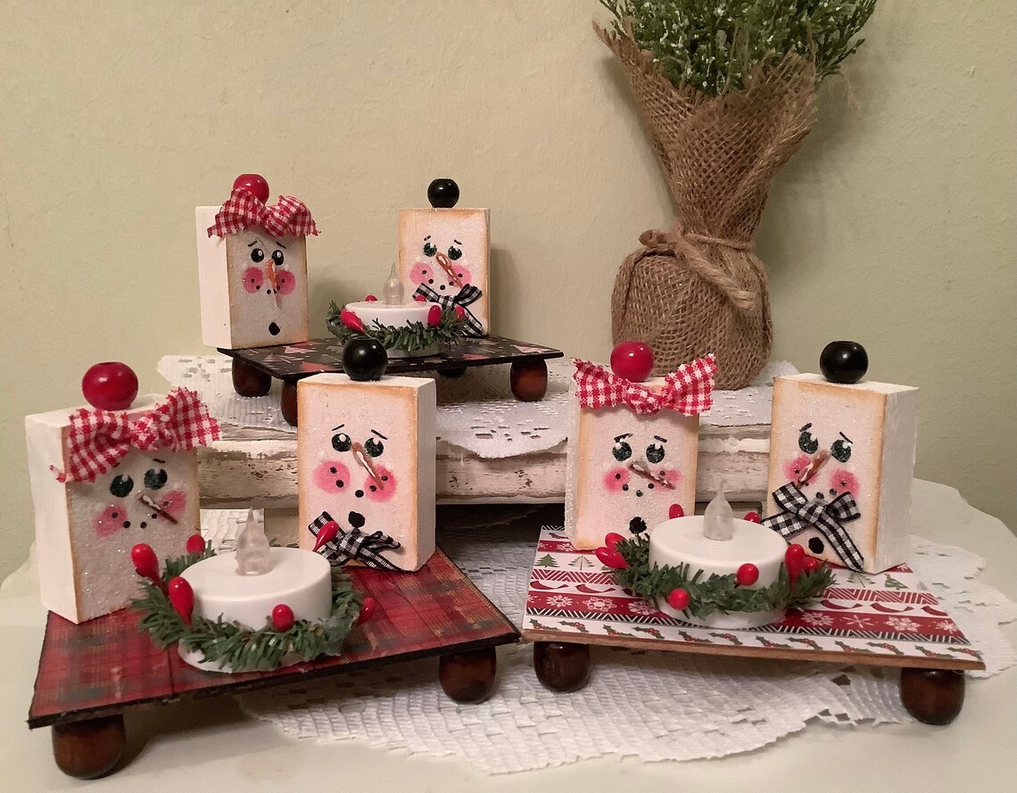 Snowmen Mini Blocks With Battery Tea Light on Riser Holiday Tier Tray ...