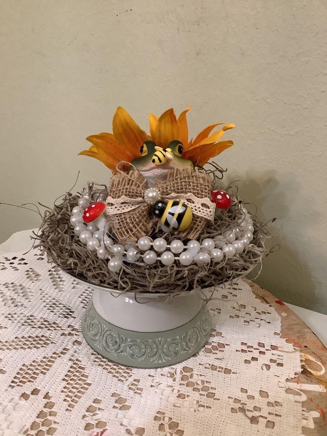 Upcycled Cup and Saucer With Sunflower , Frog, Bees and Ladybugs - Etsy