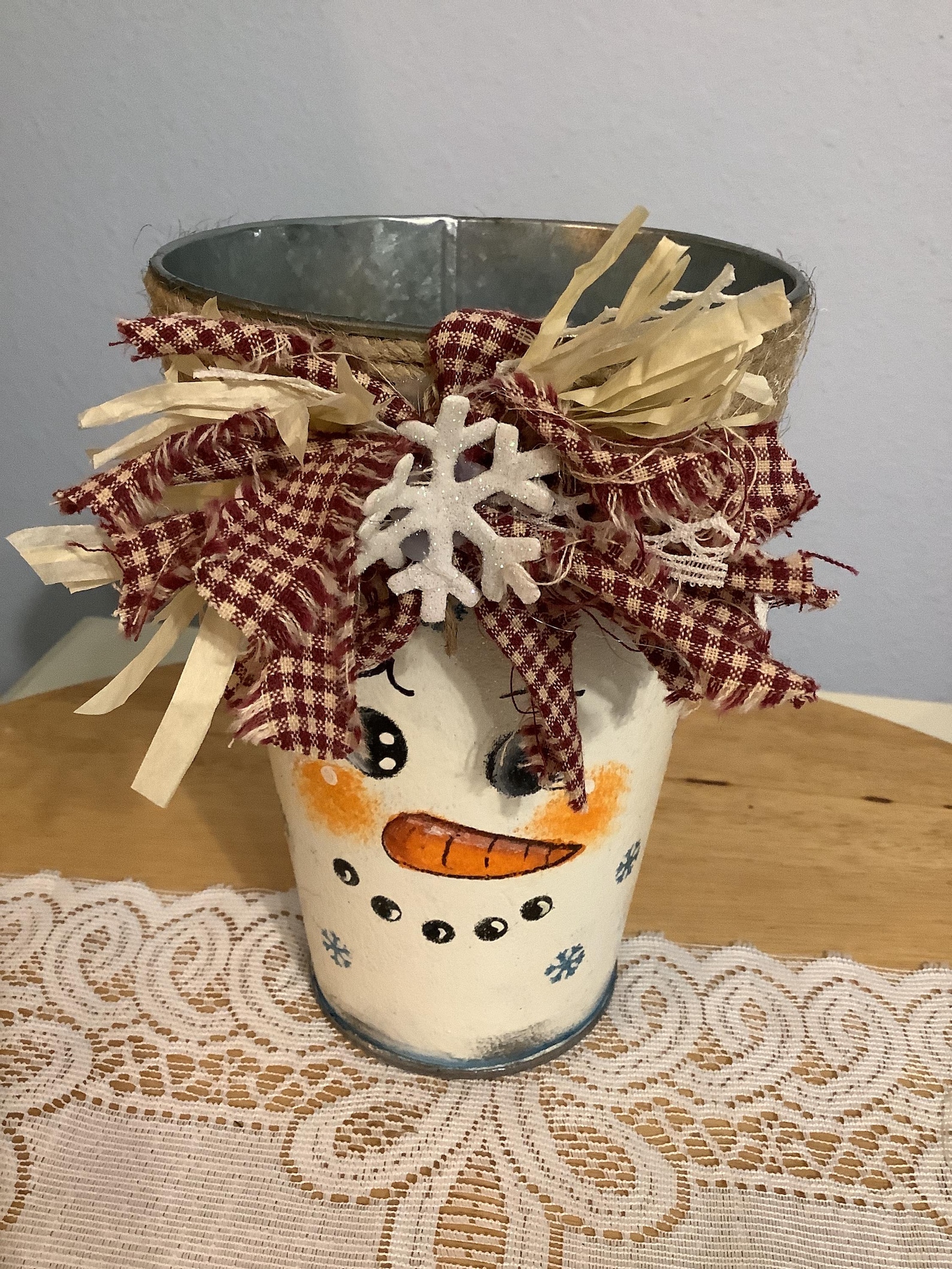 Snowman Handpainted, on Tin Vase Upcycled Housewarming Holiday Snowman ...