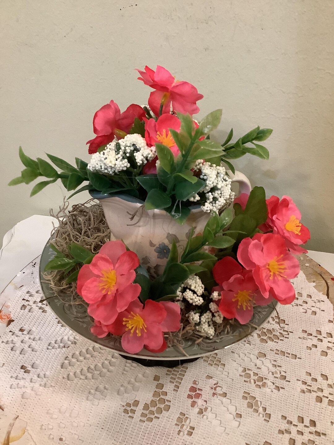 Upcycled Goose Creamer and Saucer on Pedestal Stand With Pink and White ...