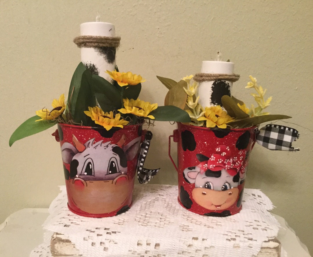 Cow Farm Pails With Battery Lights Florals Housewarming Handmade Cow ...