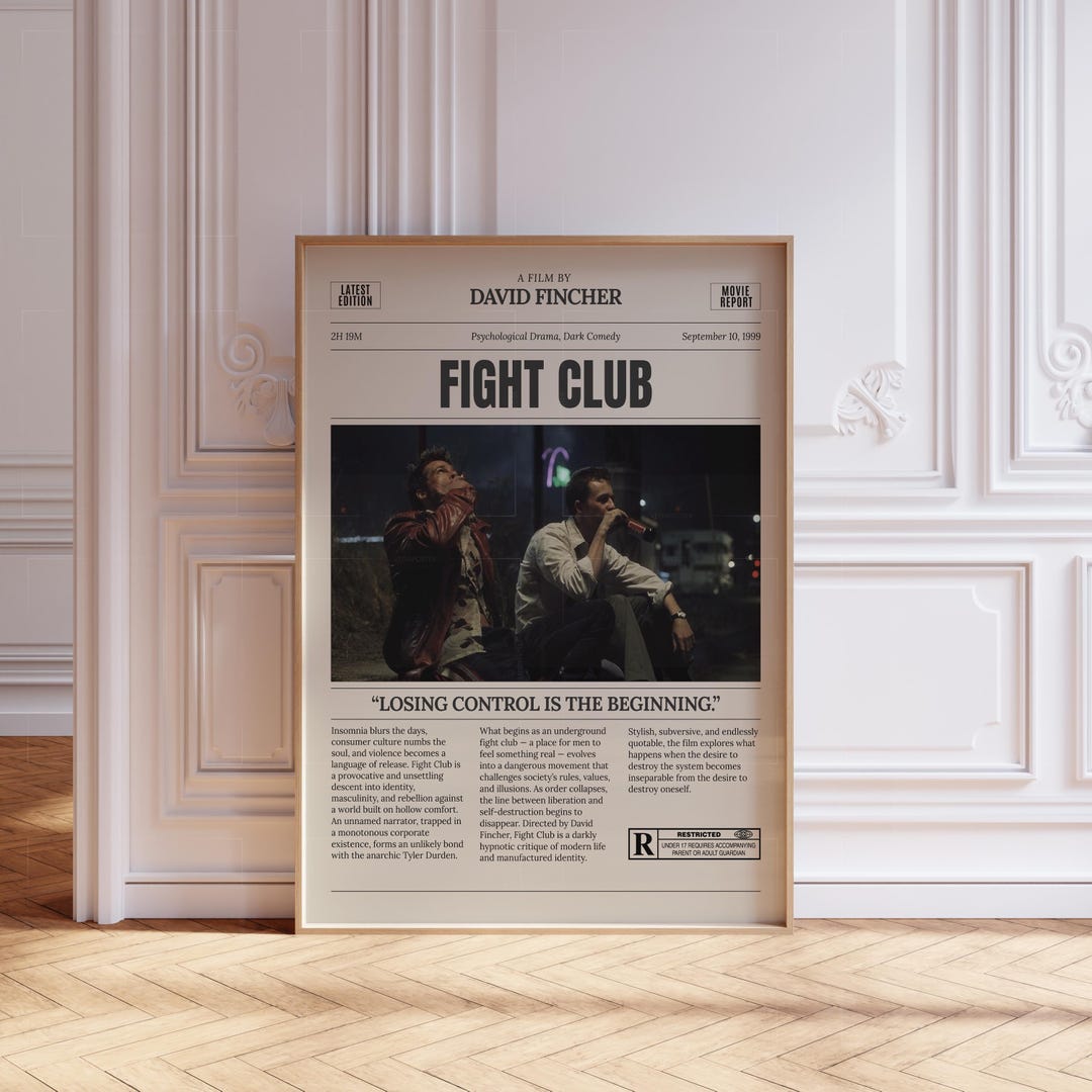 Fight Club Poster, Retro Newspaper Movie Poster, Black White Wall Art ...