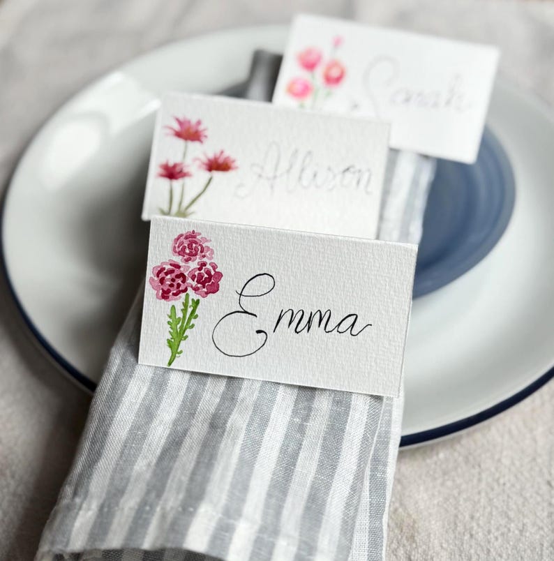 Custom Floral Watercolor Place Cards With Calligraphy | Painted Wedding ...