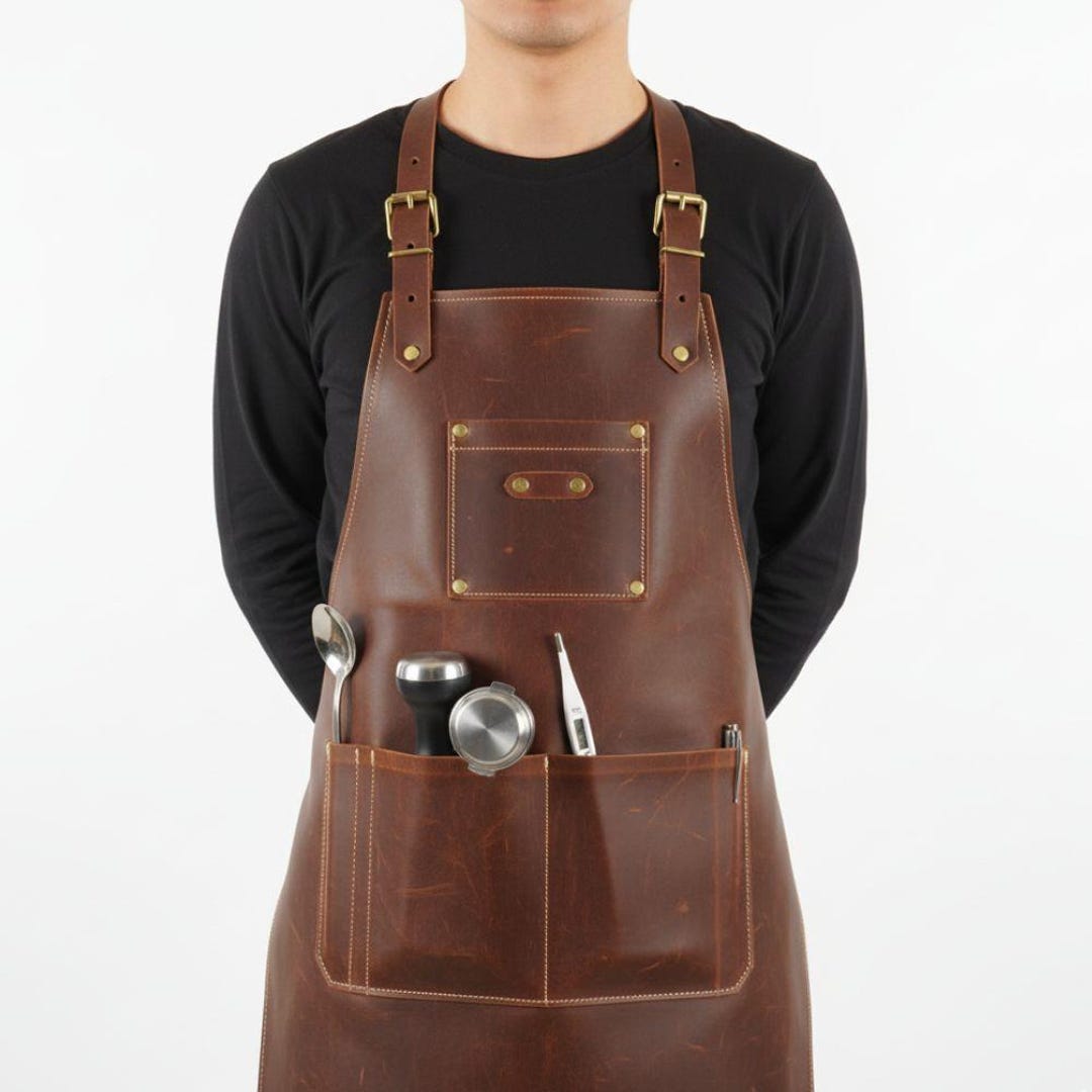 Leather Apron – Brown Barista Apron With Adjustable Straps & Pockets ...