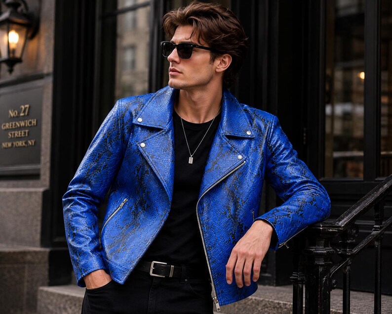 Blue Python Leather Jacket Genuine Snake Skin Biker Moto Jacket ...