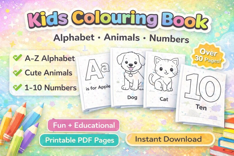 Printable Kids Coloring Book Bundle – Animals, Alphabet & Numbers (PDF ...