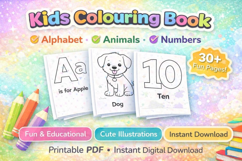 Printable Kids Coloring Book Bundle – Animals, Alphabet & Numbers (PDF ...