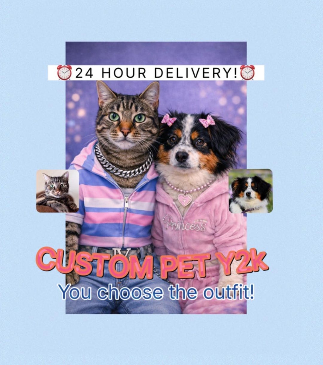 Custom 2 Pet Portrait Y2K, Personalized Dog & Cat Portrait, Digital Pet ...