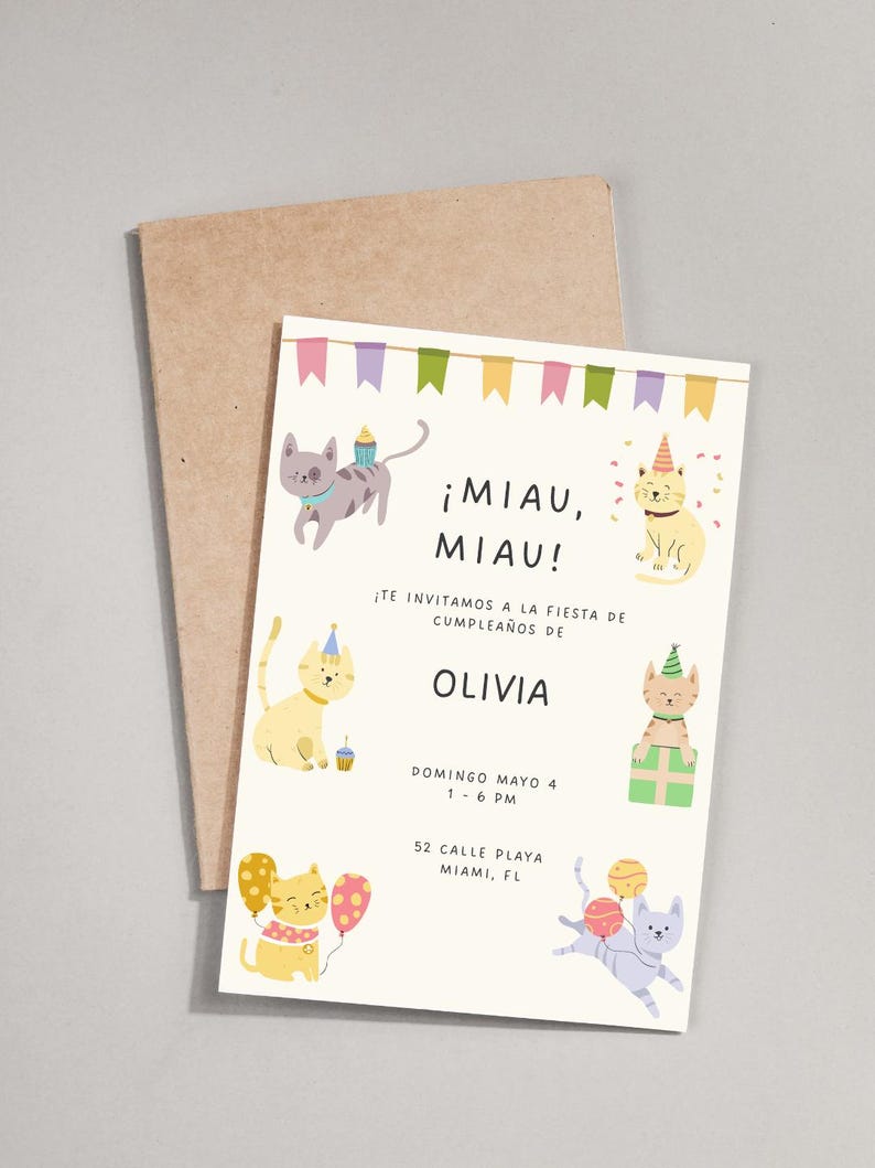 Invitación De Cumpleaños De Gatitos Editable En Español | Cat Themed ...
