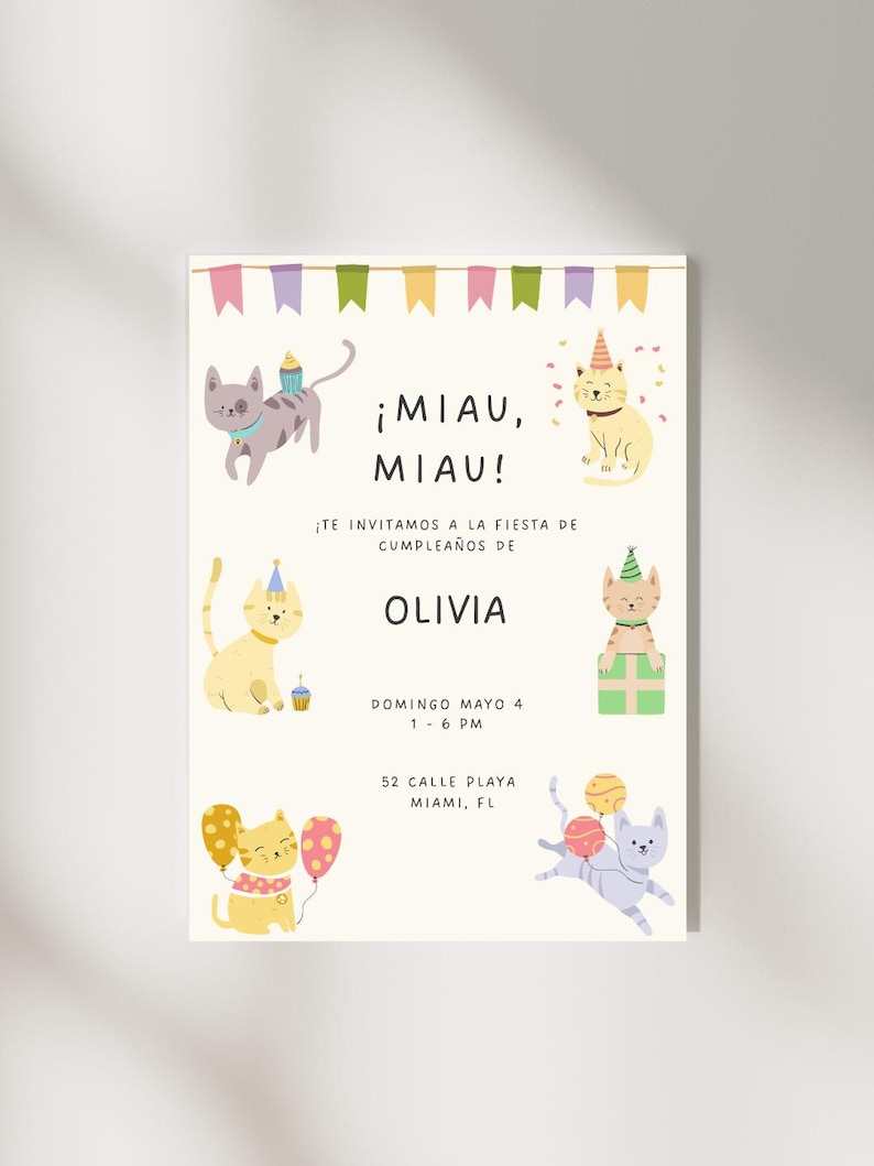 Invitación De Cumpleaños De Gatitos Editable En Español | Cat Themed ...