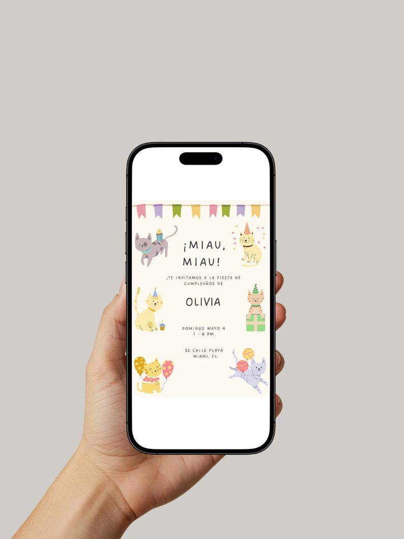 Invitación De Cumpleaños De Gatitos Editable En Español | Cat Themed ...