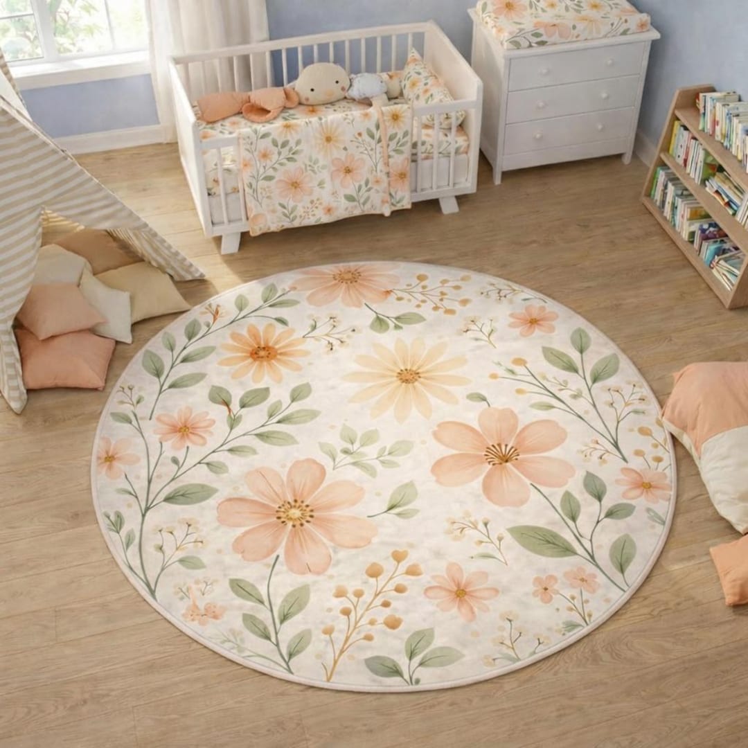 Floral Chenille Round Rug, Peach Nursery Decor, Cottagecore Style - Etsy