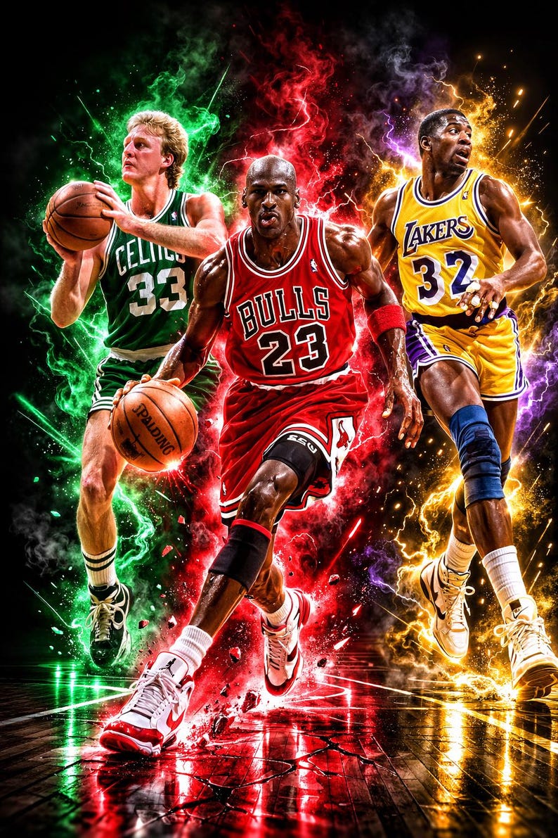 Basketball Legends Print | Jordan, Bird, Magic Neon Art (digital ...