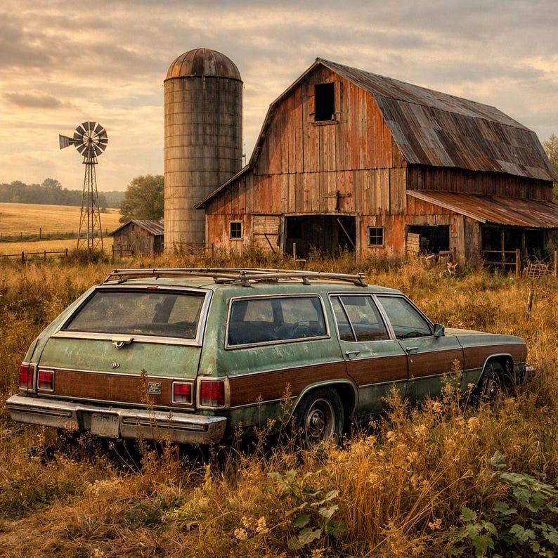 Rustic Farm Wall Art Print – Vintage Station Wagon & Old Barn – Country ...