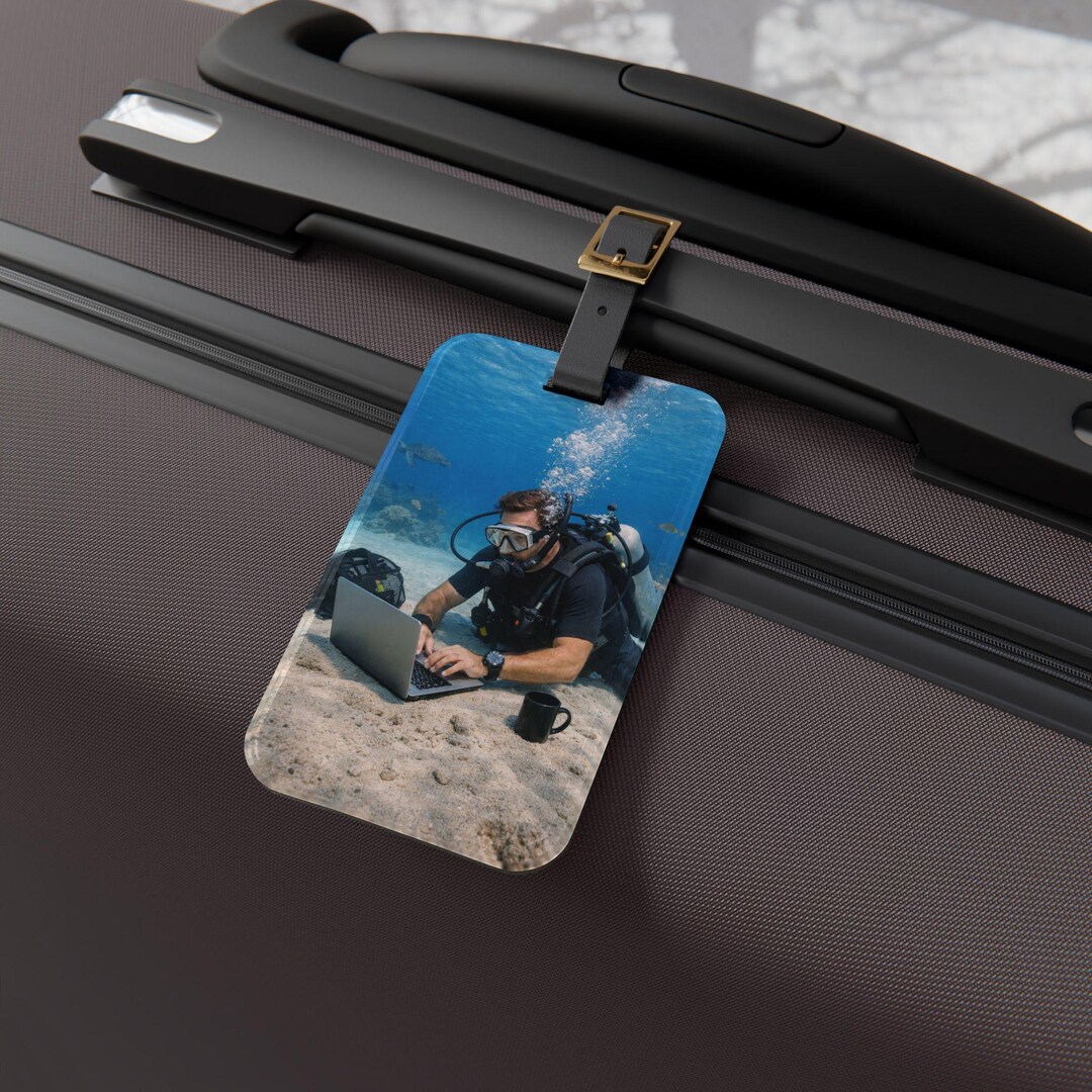 Scuba Diver Working on Laptop Luggage Tag | Underwater Diver Travel ID ...
