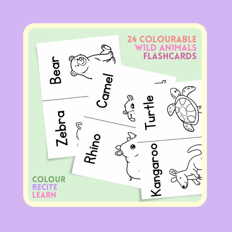 Wild Animals Flashcards Printable | 24 Colourable Animal Cards ...