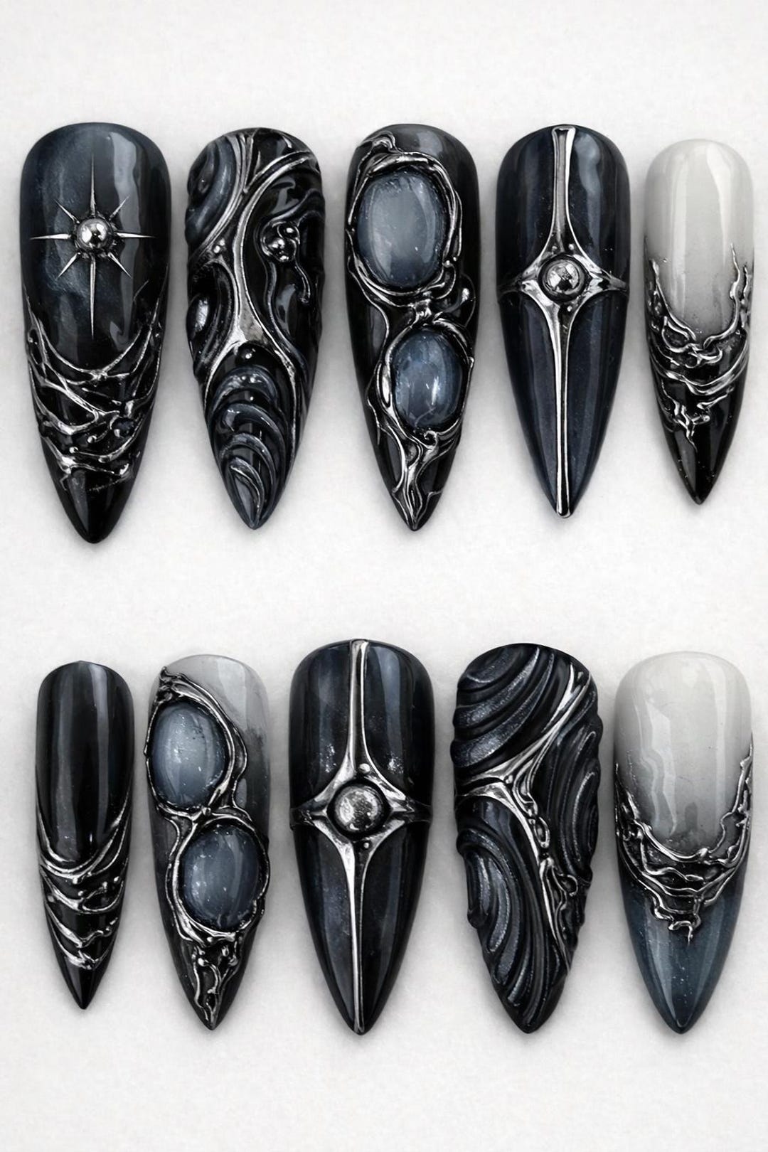 Gothic Black Silver Press on Nails, Dark Fantasy Armor Nails, Medieval ...