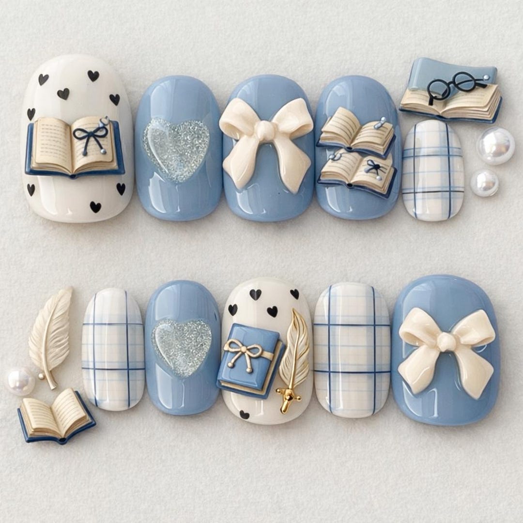 Book Lover Press on Nails, Reading Aesthetic Nails, Cute Blue Library ...