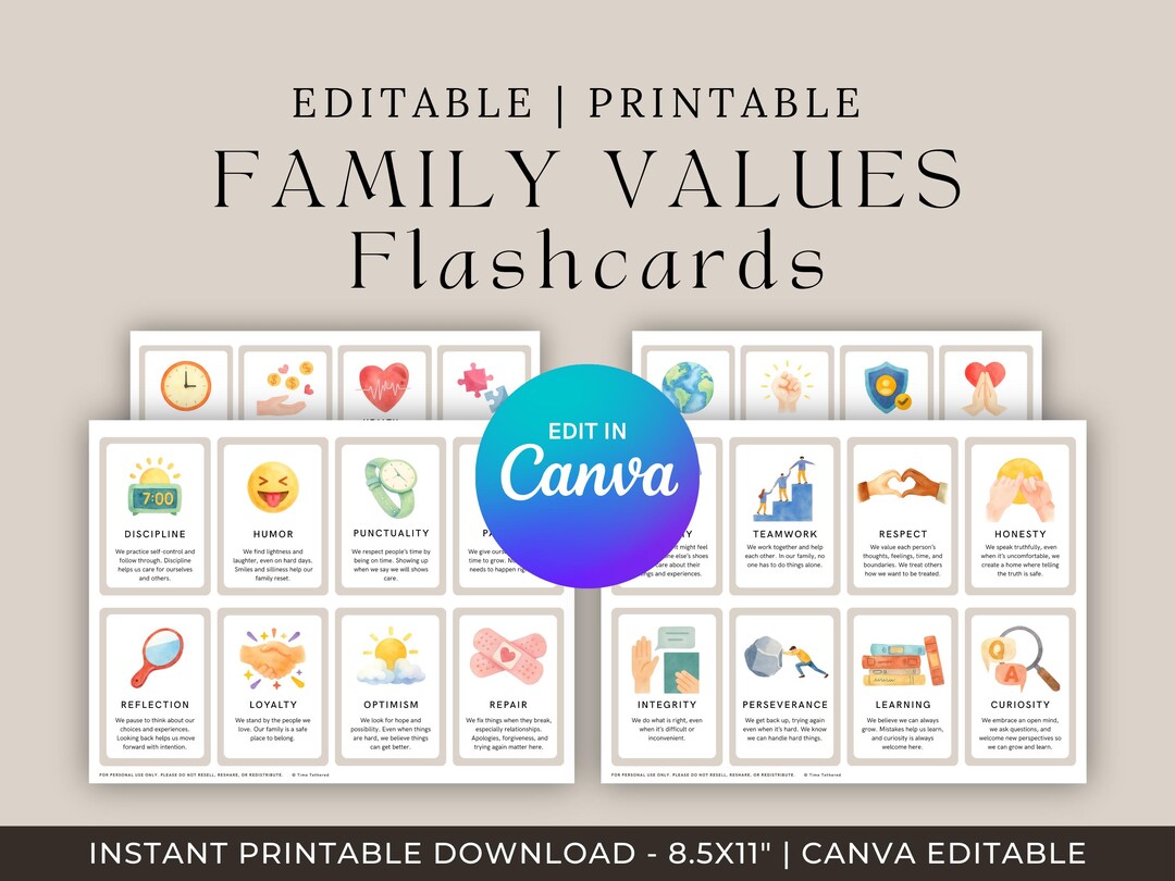 Printable & Editable | Family Values Flashcards for Kids | Character ...