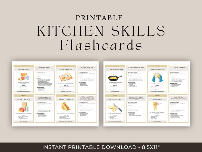 Kitchen Skills Flashcards Printable for Kids | Life Skills Cards ...